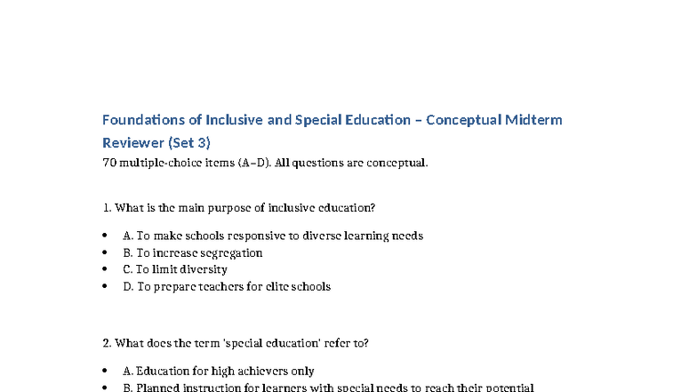 FSIE 101 Midterm Reviewer: Inclusive & Special Education Concepts - Studocu