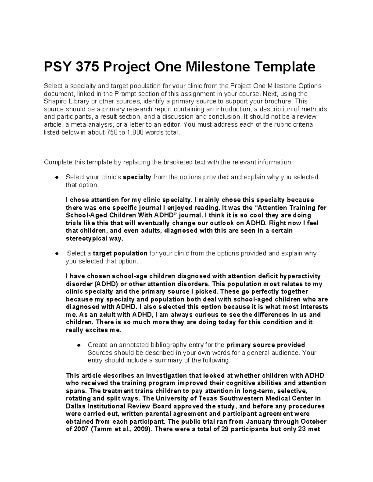 **PSY 375 Project One Milestone: Developing a Clinic Specialty for ADHD ...
