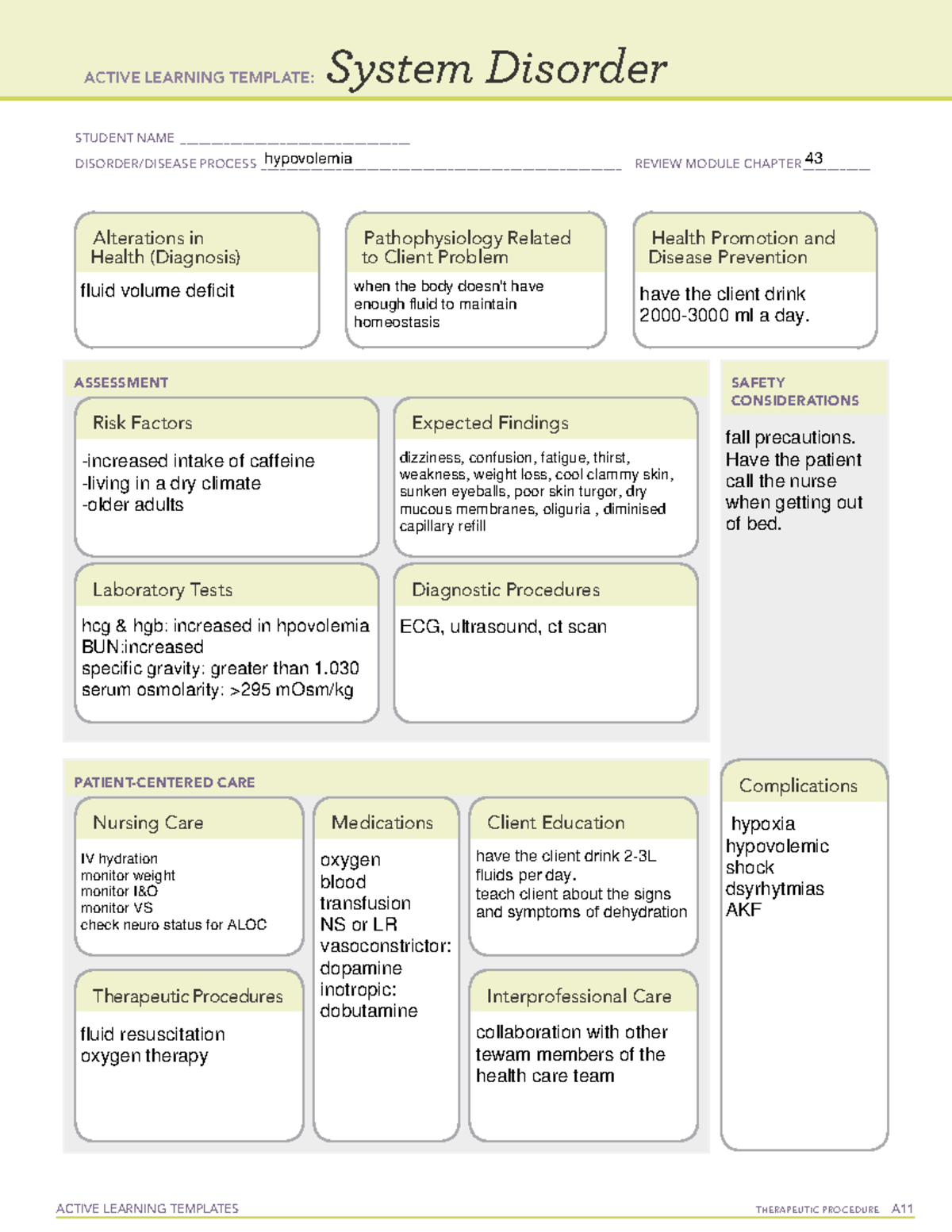 Active Learning Template: Hypovolemia Disorder - Therapeutic Procedures ...