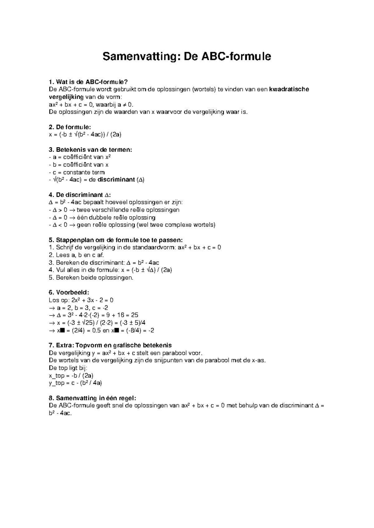 Samenvatting: ABC Formule voor Kwadratische Vergelijkingen - Studeersnel