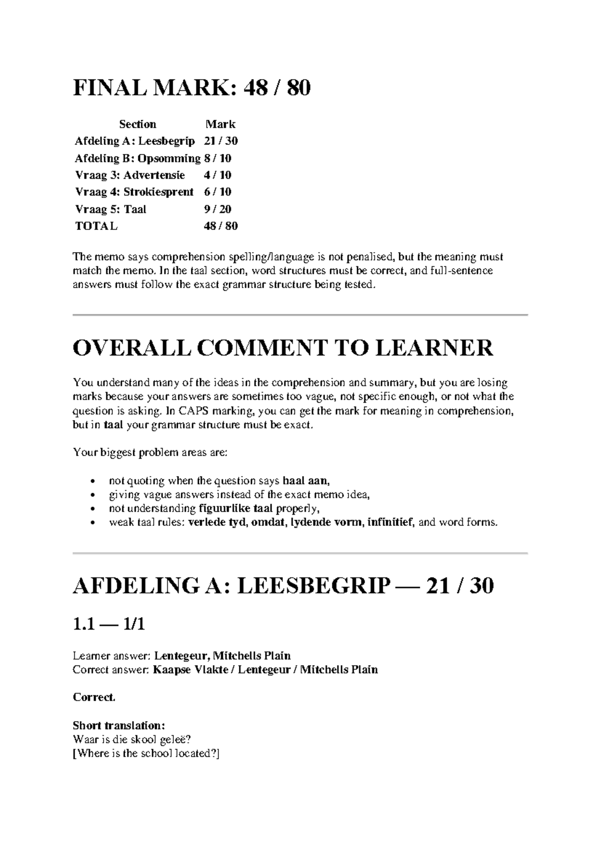 AFDELING A & B: FINAL MARK ANALYSIS & STUDY NOTES (AFR 101) - Studocu