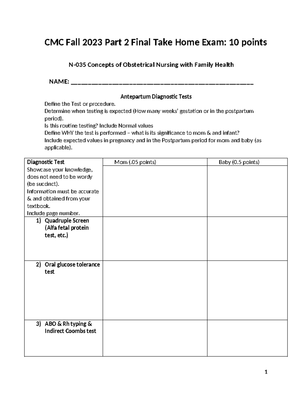N 035. Part 2 Take Home Exam. Diagnostic Tests - CMC Fall 2023 Part 2 ...