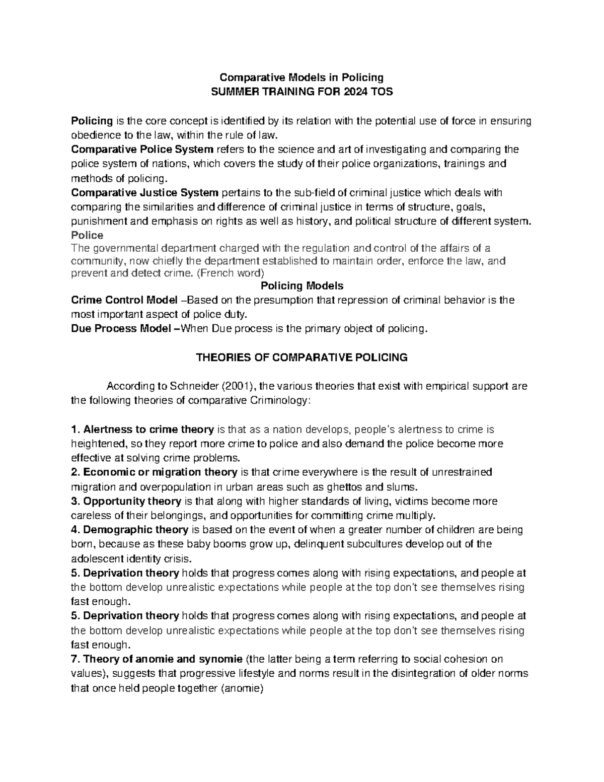 Comparative Models of Policing: SUMMER TRAINING 2024 TOS - Studocu