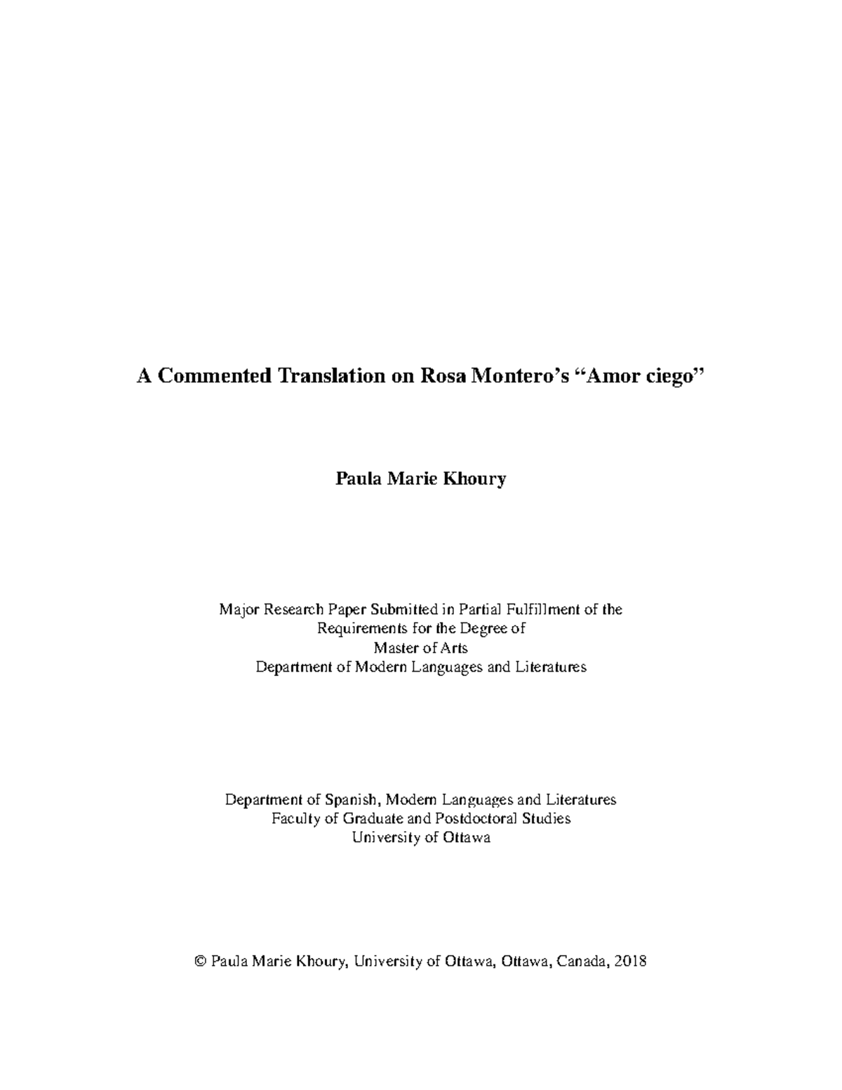 A Critical Analysis of Rosa Montero's "Amor ciego" (MA Research Paper ...