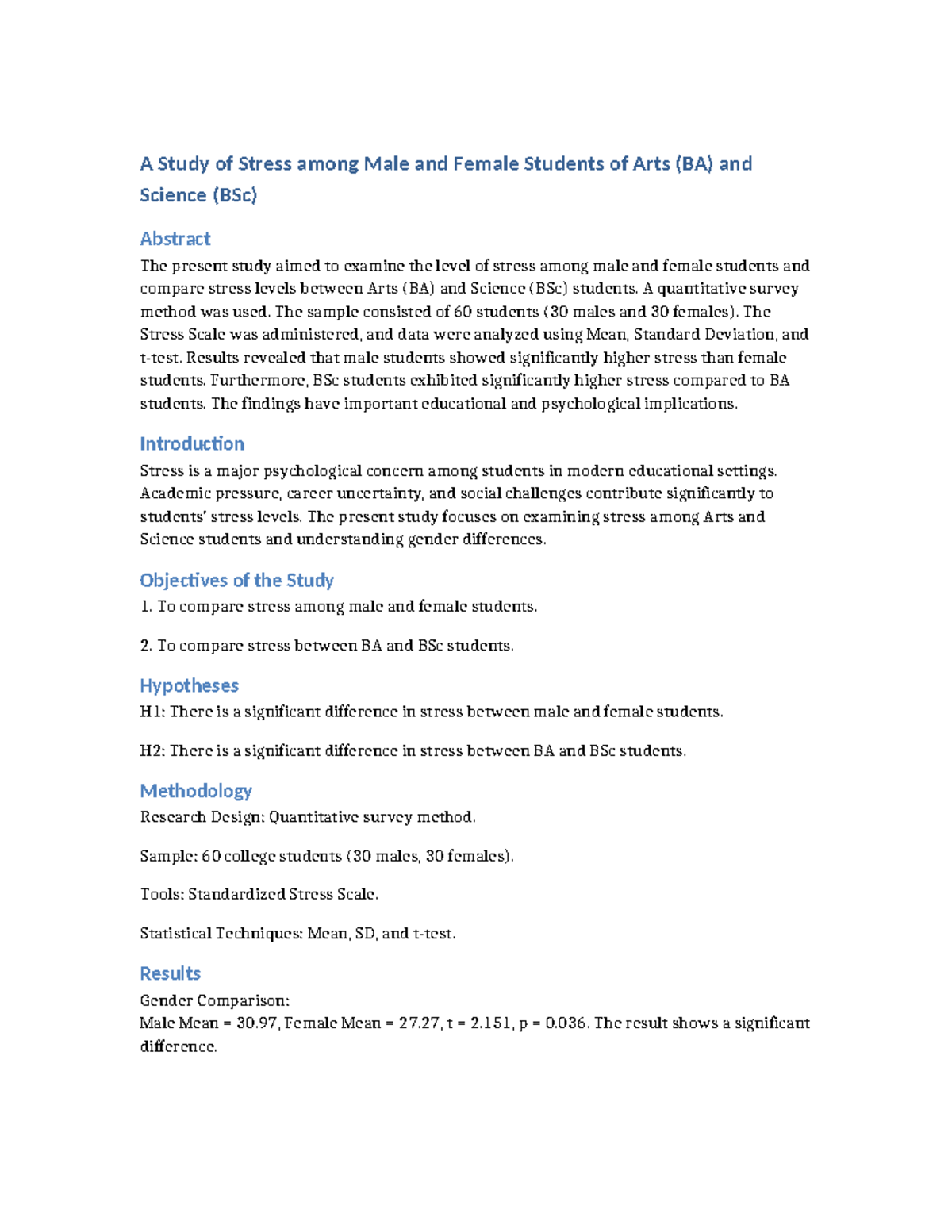 Stress Levels Among BA and BSc Students: A Comparative Study - Studocu