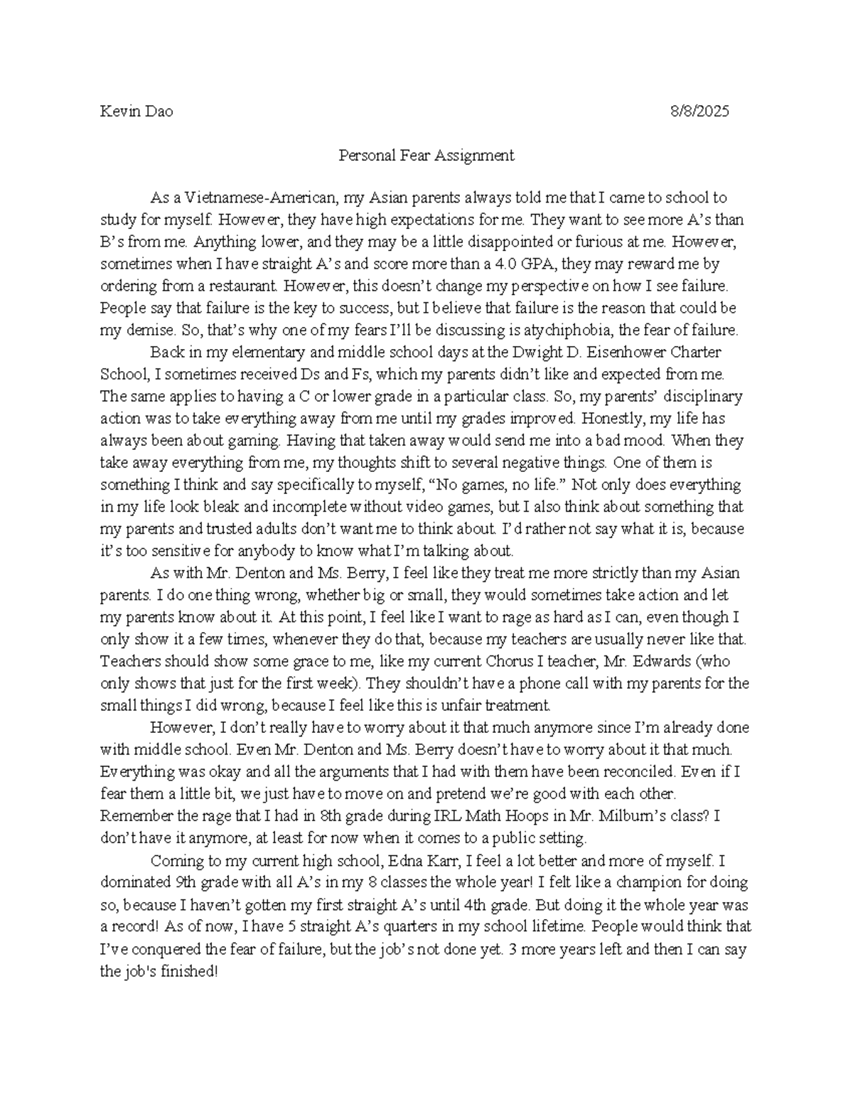 Personal Fear Assignment: Atychiphobia and My Journey - Studocu