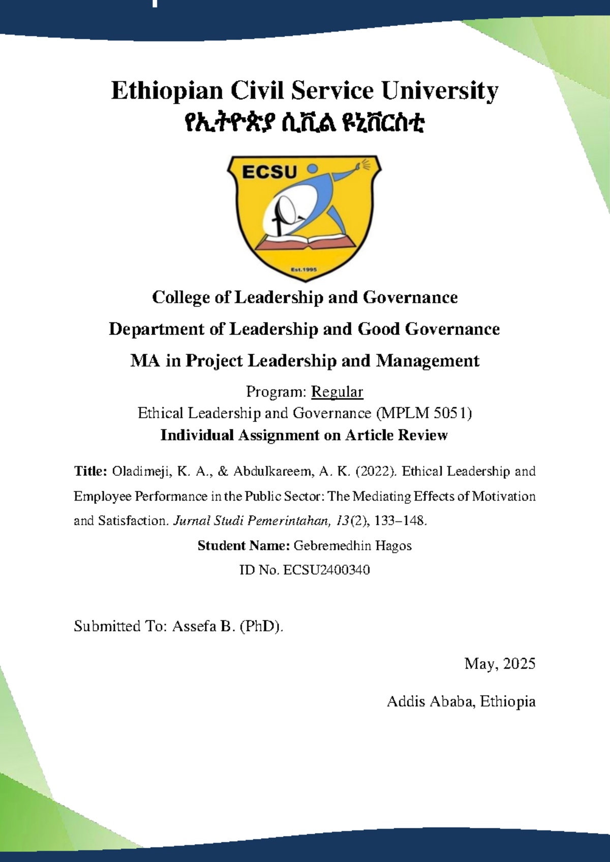 MPLM 5051 Article Review: Ethical Leadership & Employee Performance ...