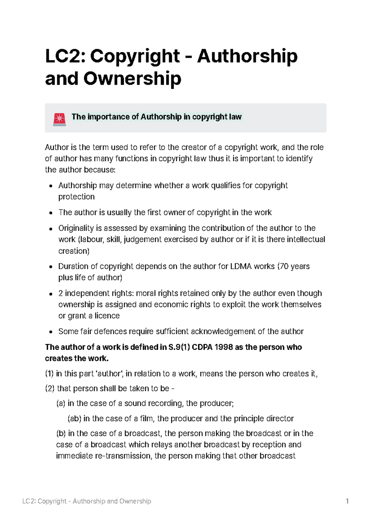 LC2 Copyright - Authorship and Ownership NOTES AND TUTORIAL WORK - LC2 ...