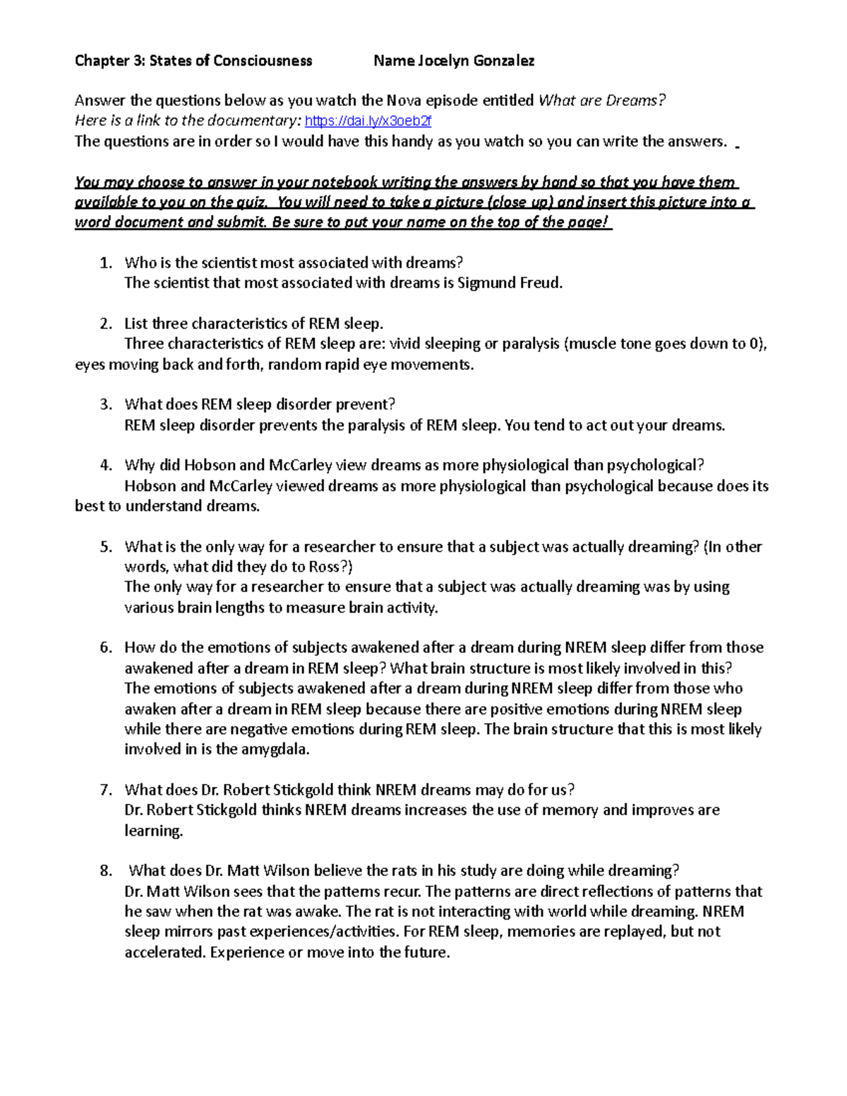 Nova: Dream Analysis Worksheet for Chapter 3 - Consciousness - Studocu