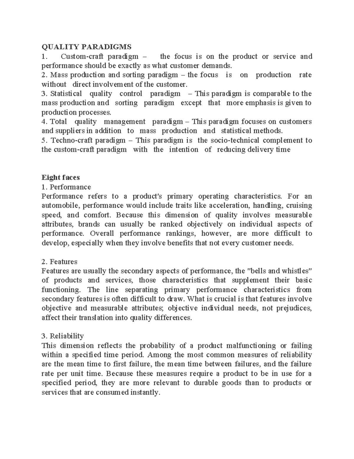 QUALITY PARADIGMS AND EIGHT FACES OF QUALITY MANAGEMENT (QM101) - Studocu