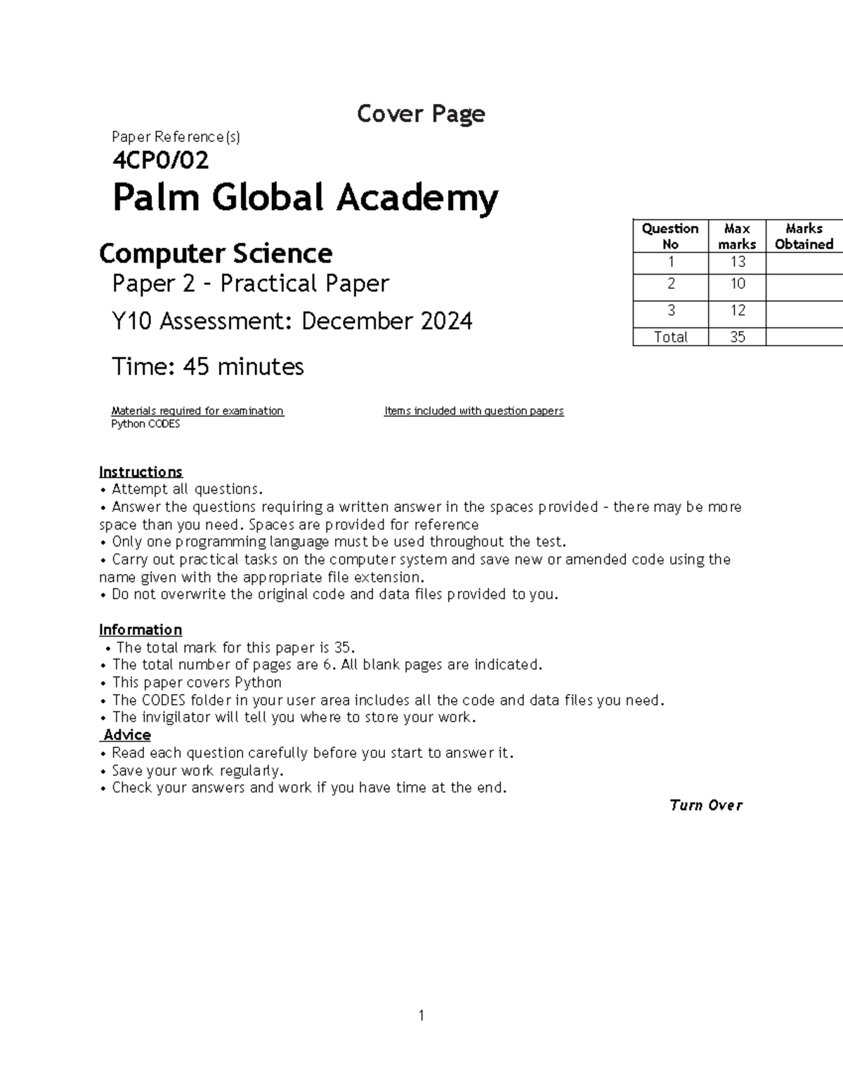 Y10 CS Practical Test December 16 2024 - Cover Page Paper Reference(s ...