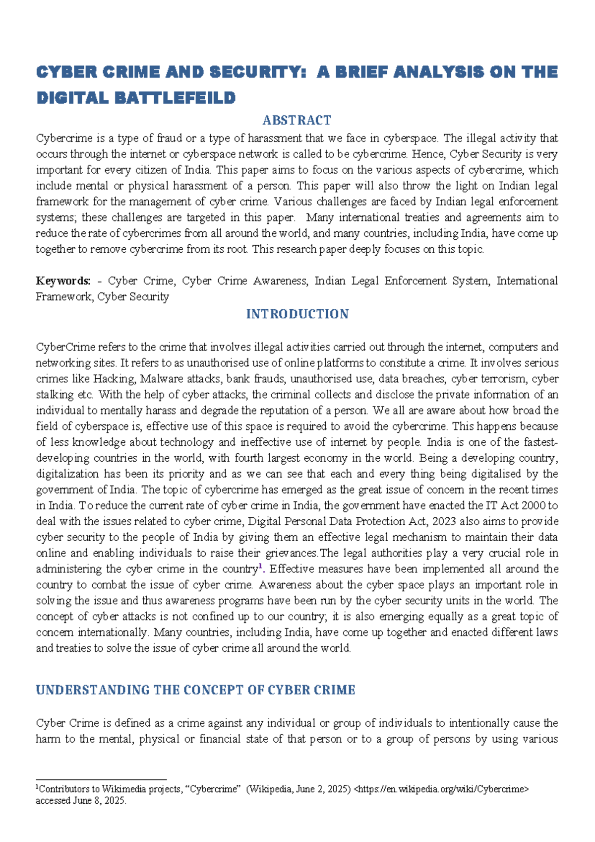 CYBER CRIME AND SECURITY: ANALYSIS OF LEGAL FRAMEWORK IN INDIA - Studocu