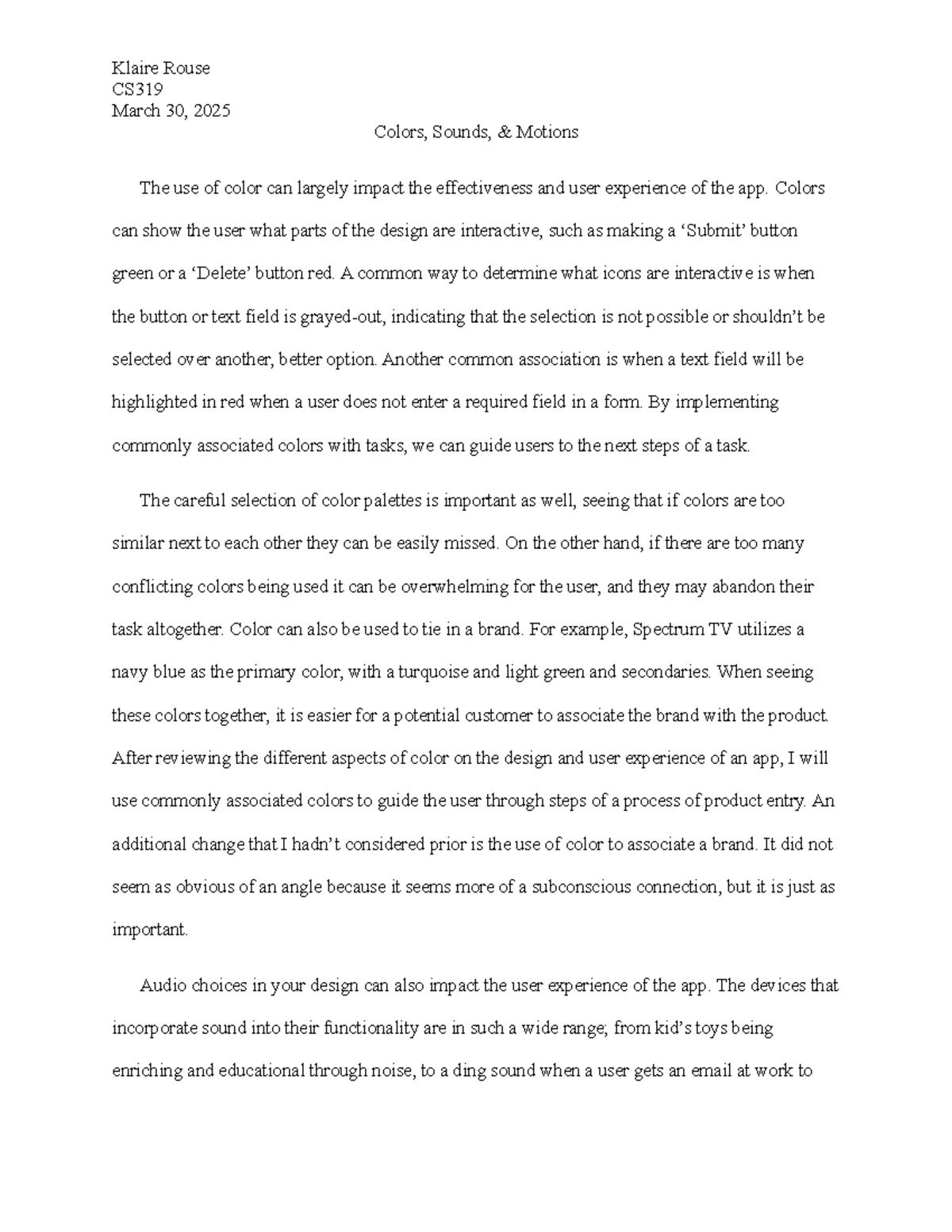 CS319 Module 3 Assignment: Impact of Color & Sound on App Design - Studocu