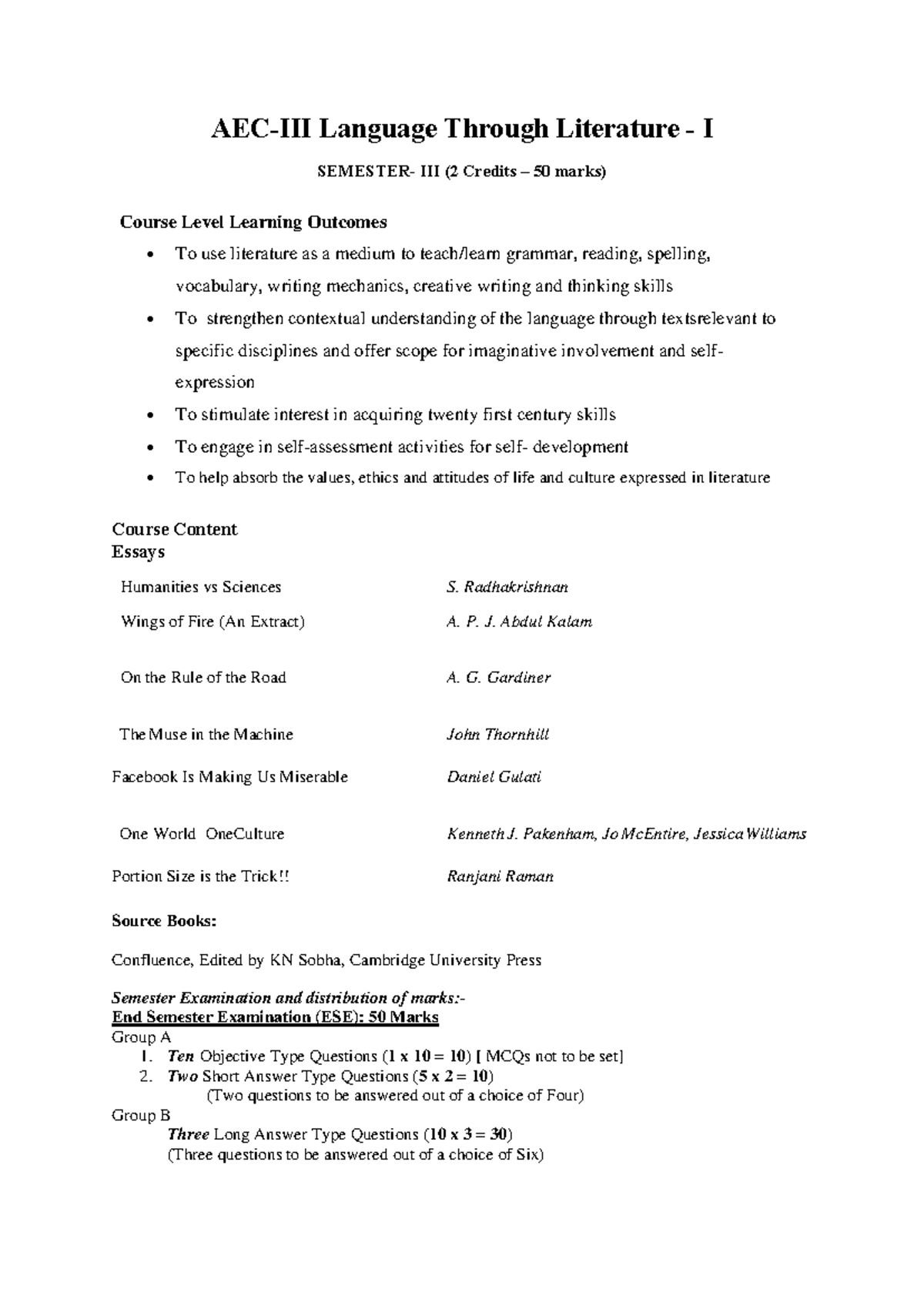 AEC-3 English Sem-III: Language Through Literature - I Overview - Studocu