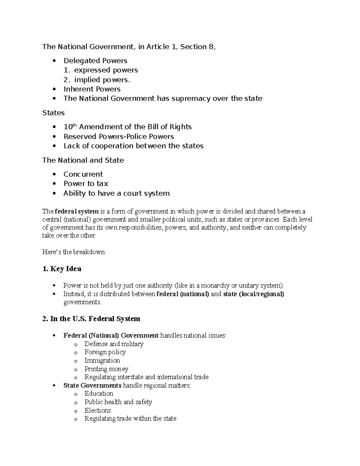 Federalism Notes: Understanding Powers & Structure (Gov 101) - Studocu