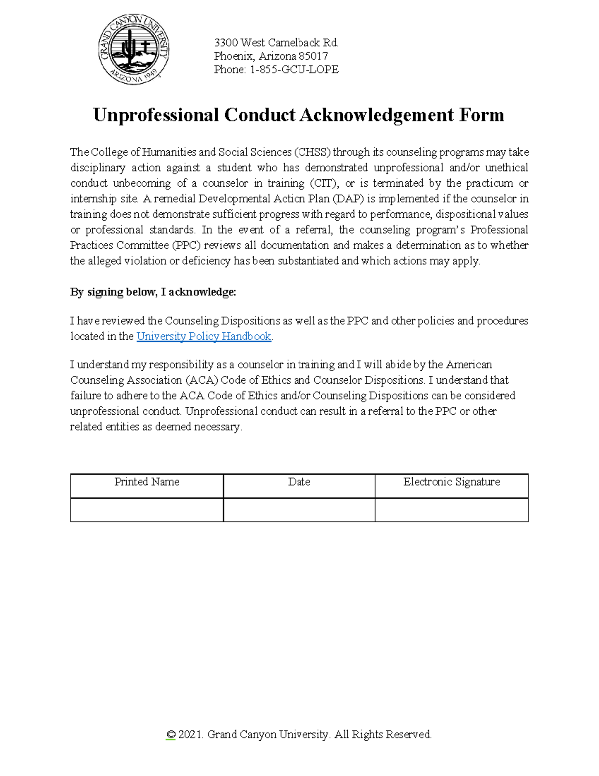 UNV 508 RS Unprofessional Conduct Acknowledgement Form Guide - Studocu