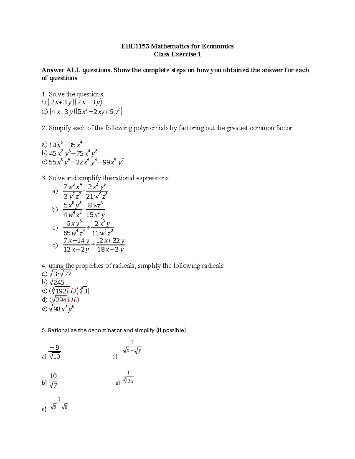 Ebe1153 Mathematics for economics class exercise 1 solutions and steps ...