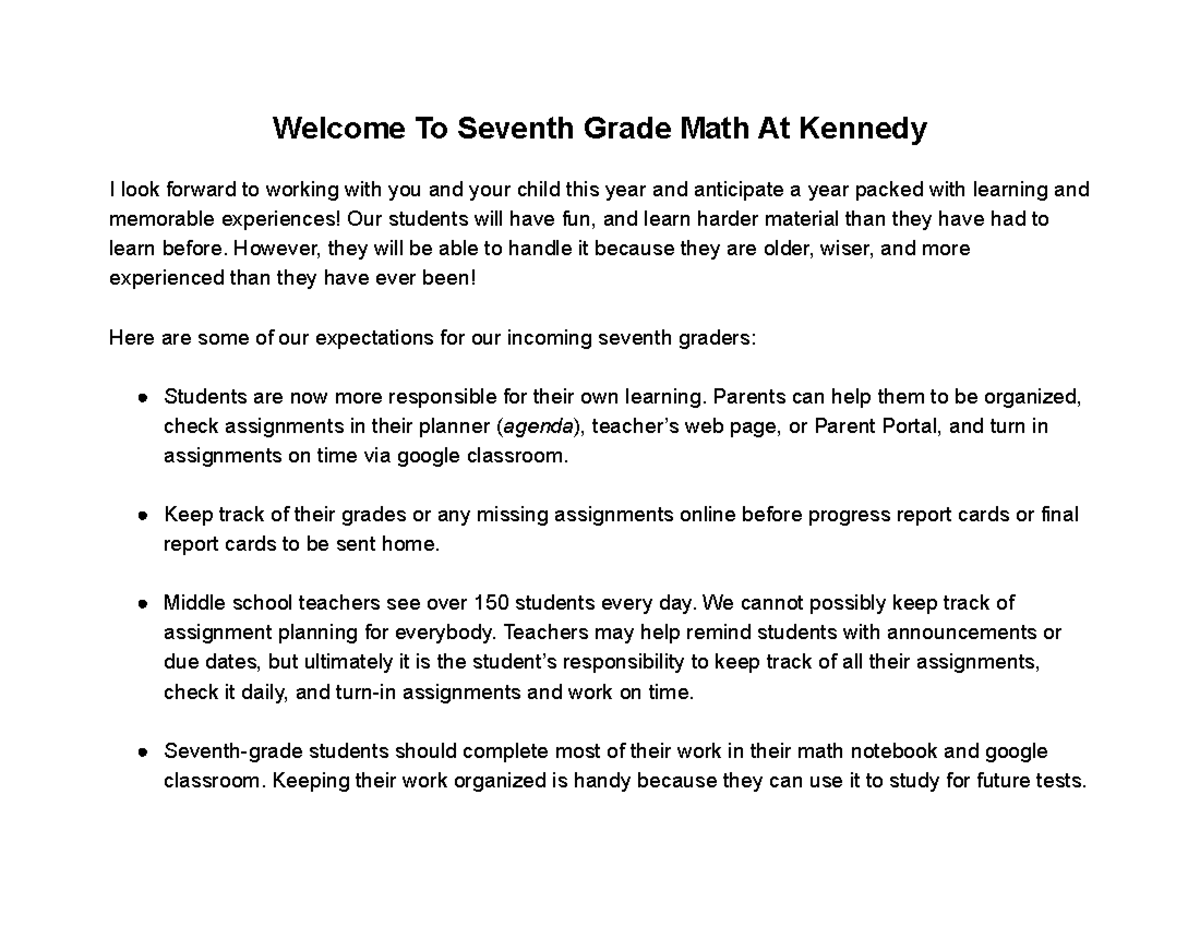 Seventh Grade Math Expectations at Kennedy: A Guide for Parents and ...