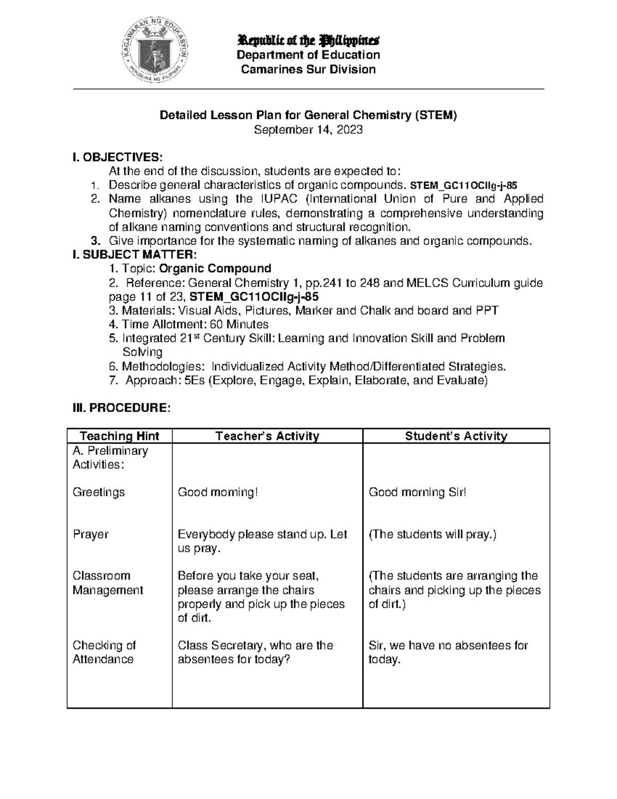 Detailed Lesson Plan for General Chemistry (STEM) - Sept 14, 2023 - Studocu