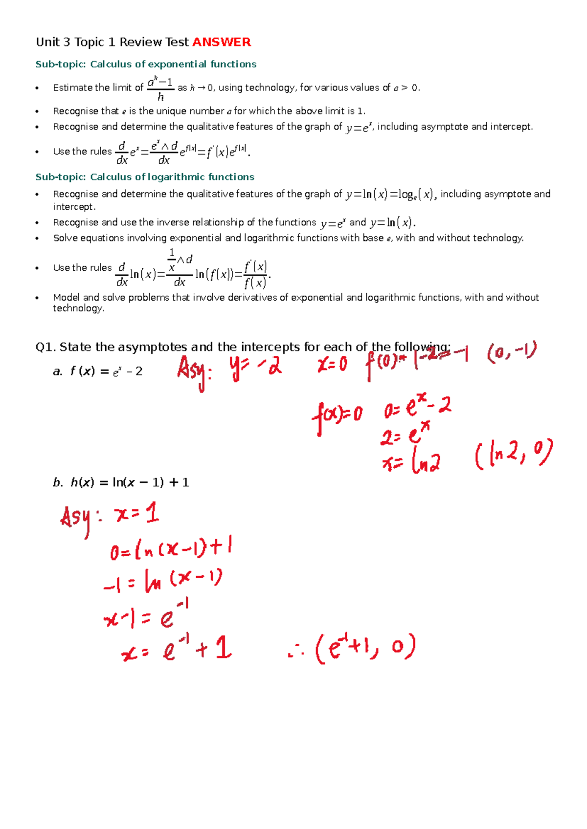 U3 Topic 1 Review Test Answers: Exponential & Logarithmic Functions ...
