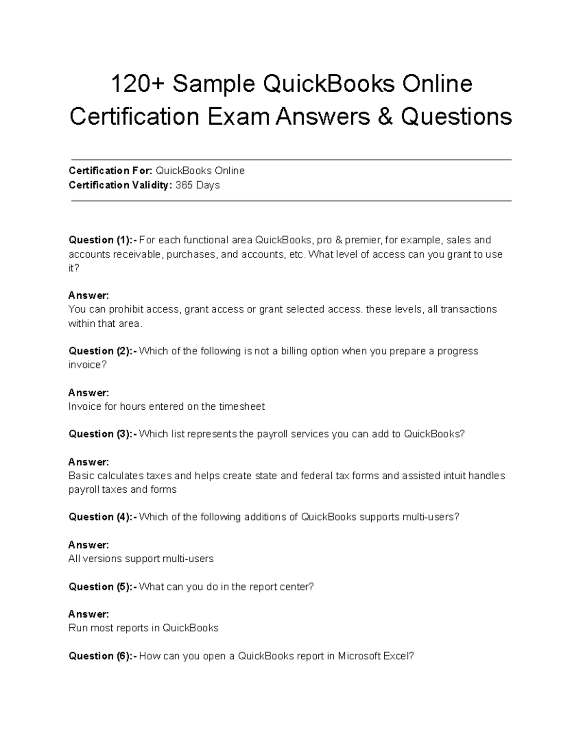 QuickBooks Online Certification Exam: 120+ Sample Questions & Answers - Studocu