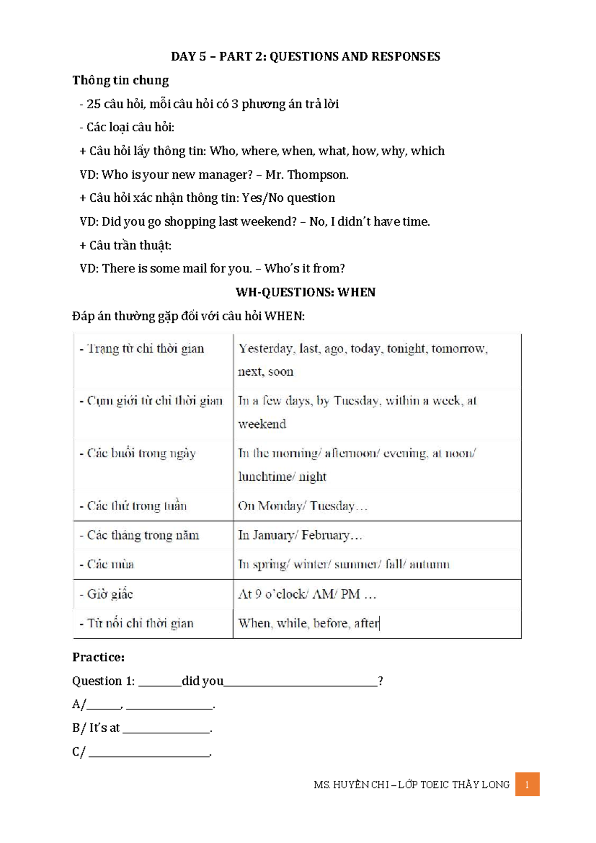 DAY 5 PART 2: TOEIC Q&A Practice with Ms. Huyền Chi - Studocu