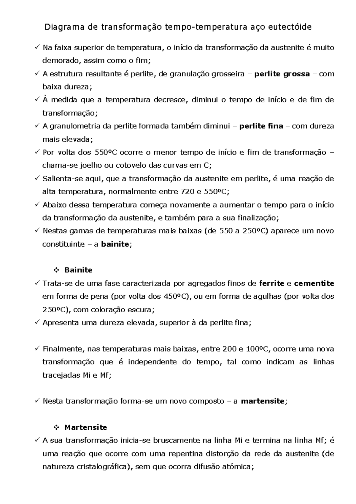Interpretação do Diagrama TTT do Aço Eutectóide e suas Transformações ...