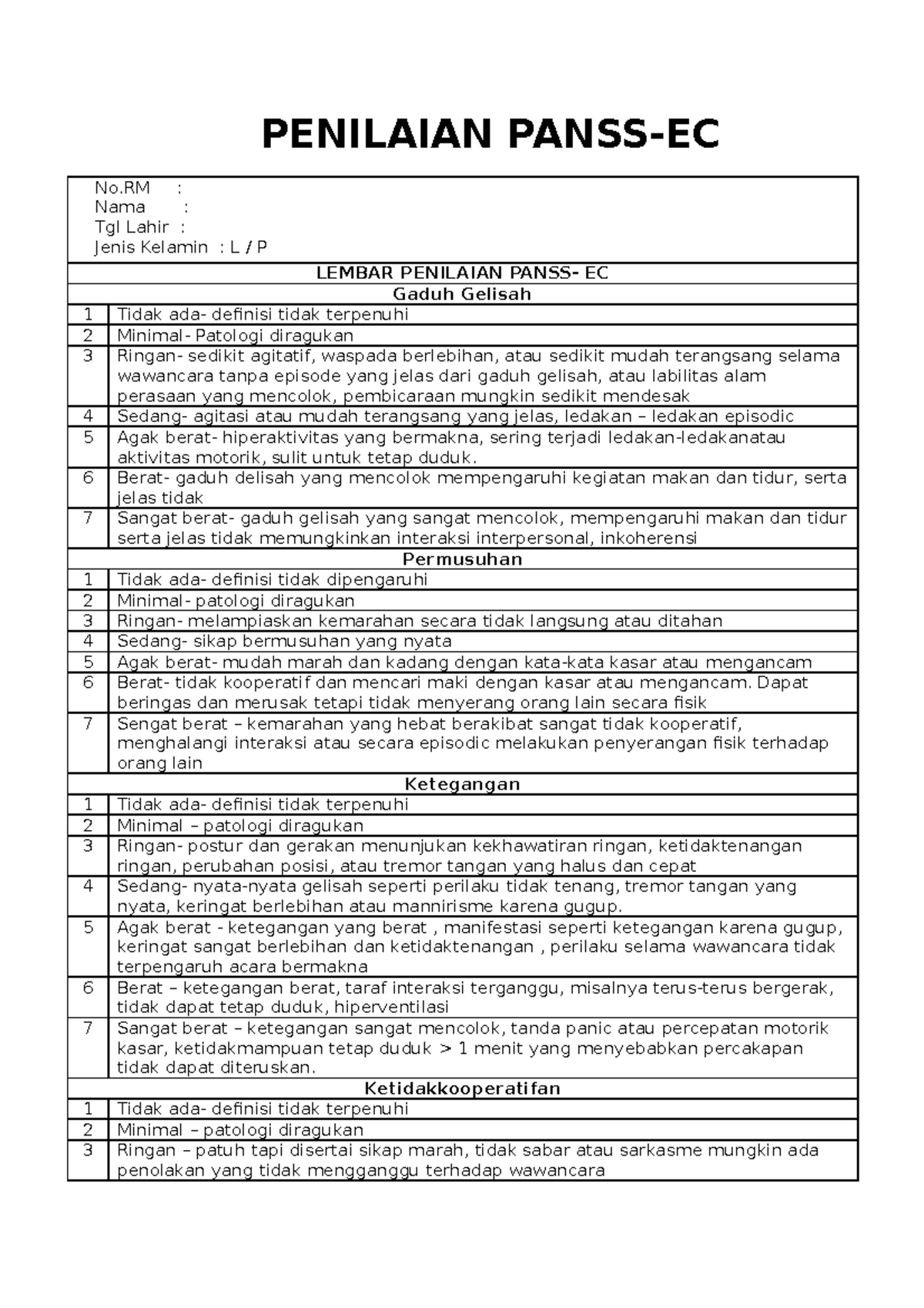 Panss-EC Score Evaluation: Positive & Negative Scale Assessment - Studocu