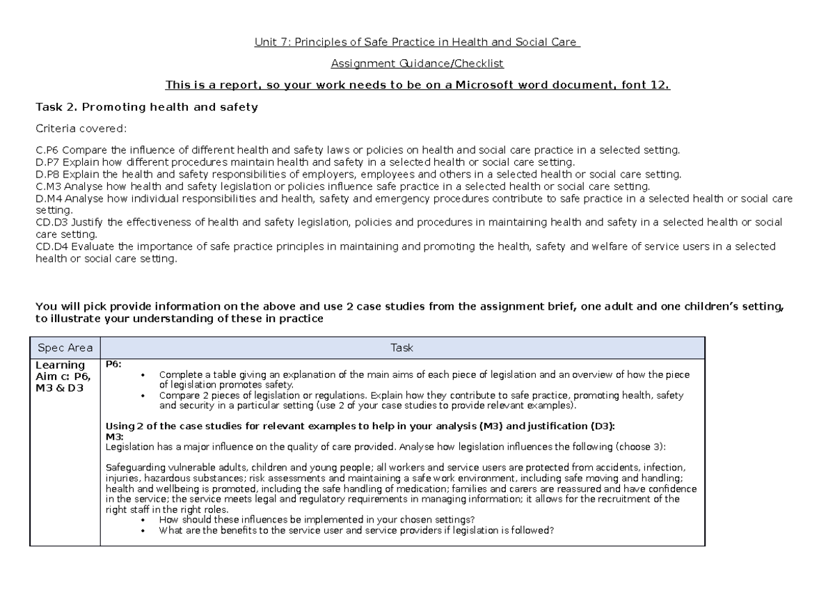 Unit 7 Assignment: Health & Safety Practices in Care Settings - Studocu