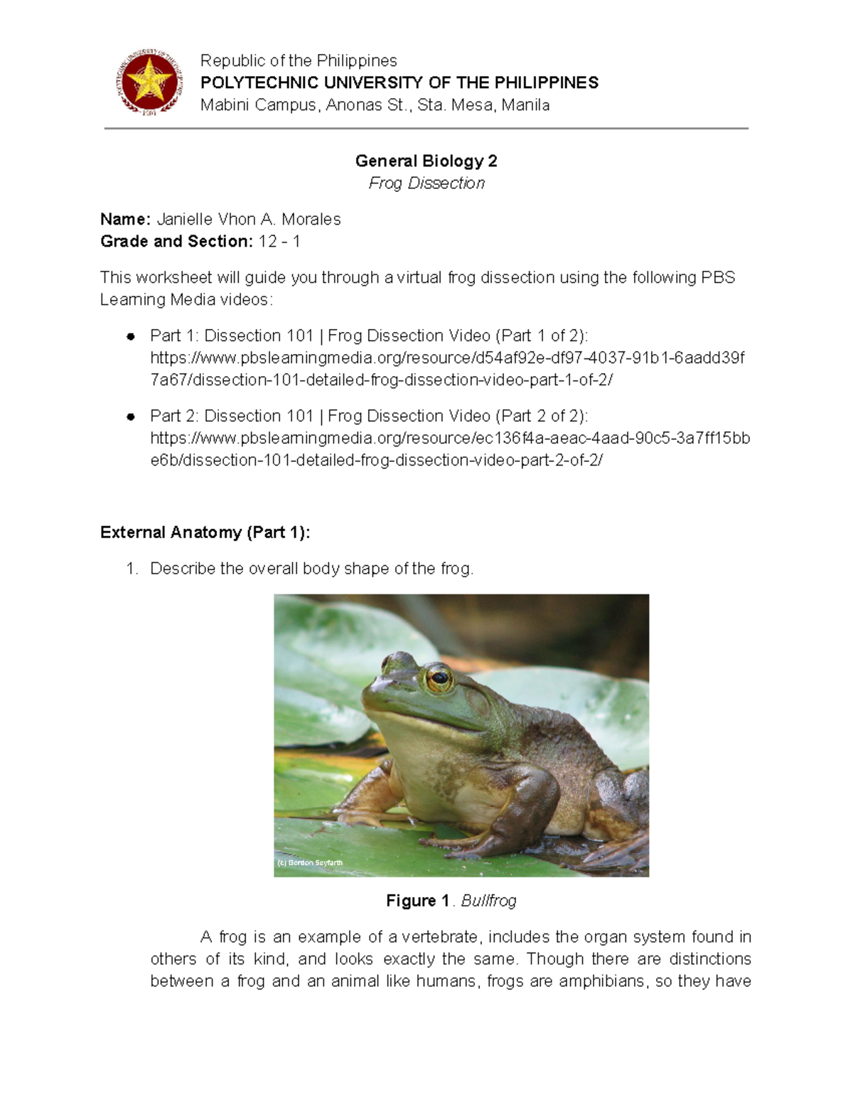 General Biology 2: Frog Dissection Overview and Analysis - Studocu