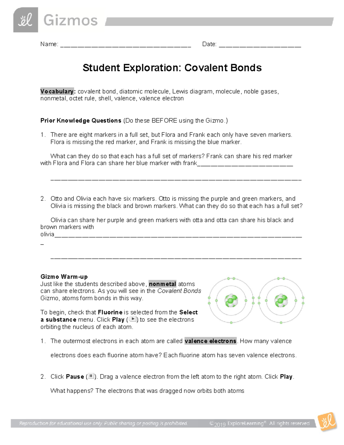 Covalent Bonds Student Exploration Guide - Gizmo SE for Chemistry - Studocu