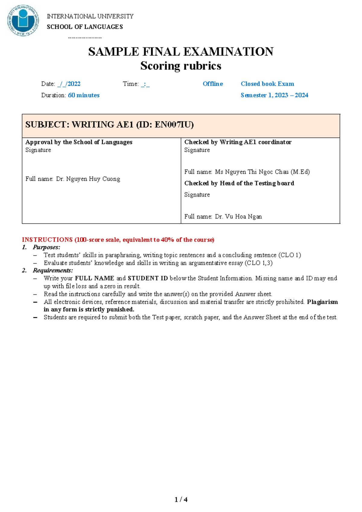 AE1 Writing Final Exam Sample Test (2023-2024) - Scoring Rubrics - Studocu