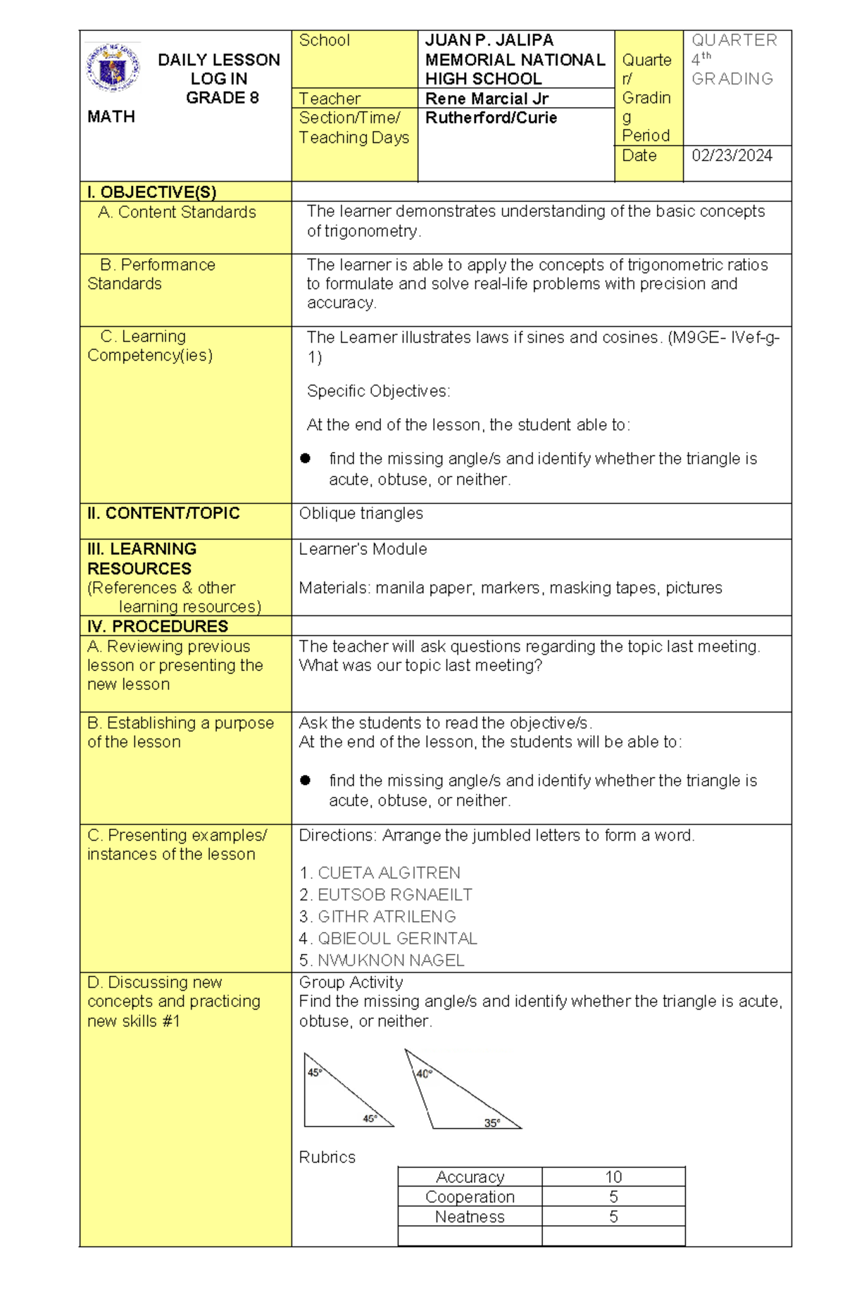 Grade 8 Math Lesson: Oblique Triangles (Quarter 4) - Studocu