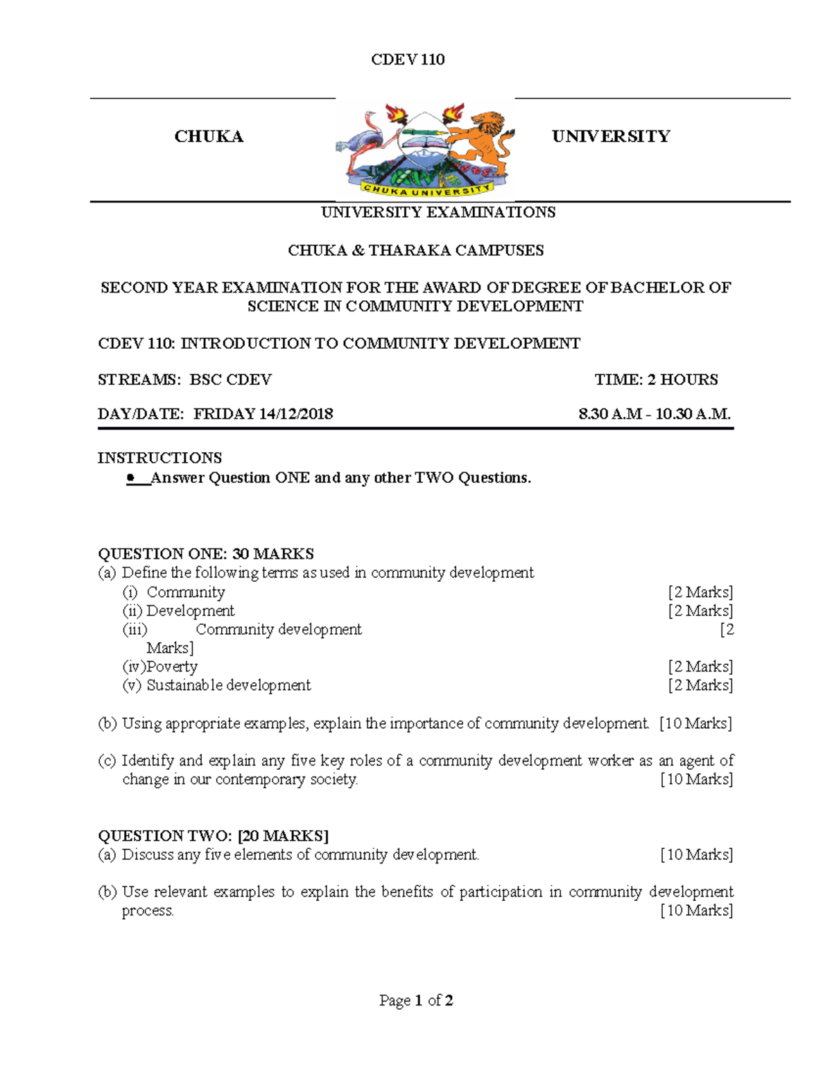 CDEV 110-2 - exam - CDEV 110 CHUKA UNIVERSITY UNIVERSITY EXAMINATIONS CHUKA & THARAKA CAMPUSES ...