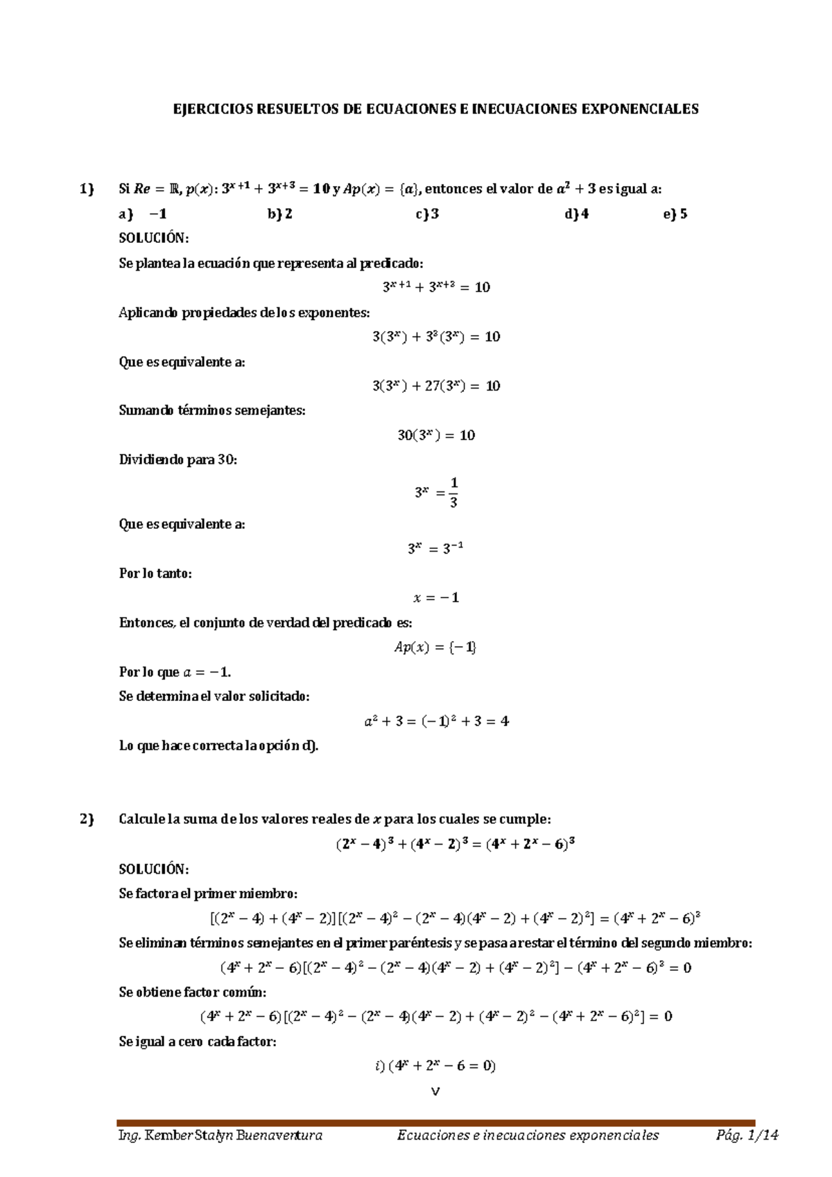 EJERCICIOS RESUELTOS: ECUACIONES E INECUACIONES EXPONENCIALES - Studocu