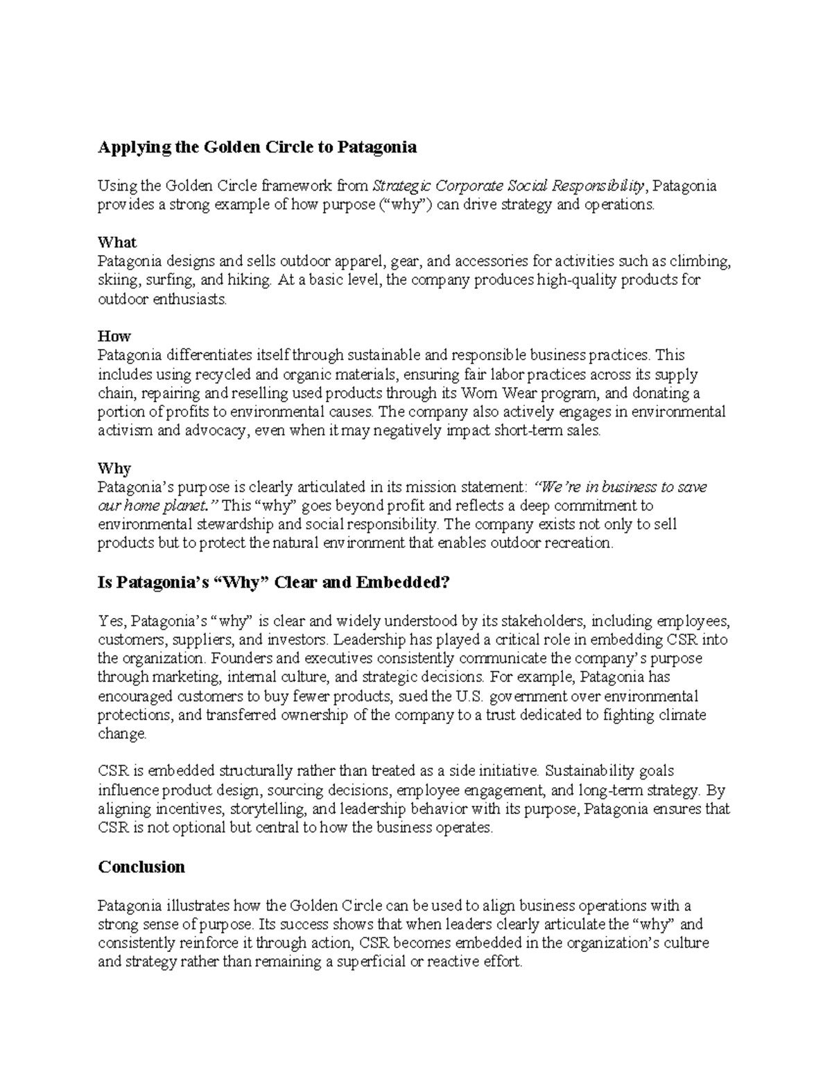 Applying the Golden Circle to Patagonia: A CSR Case Study (Week 2-2 ...