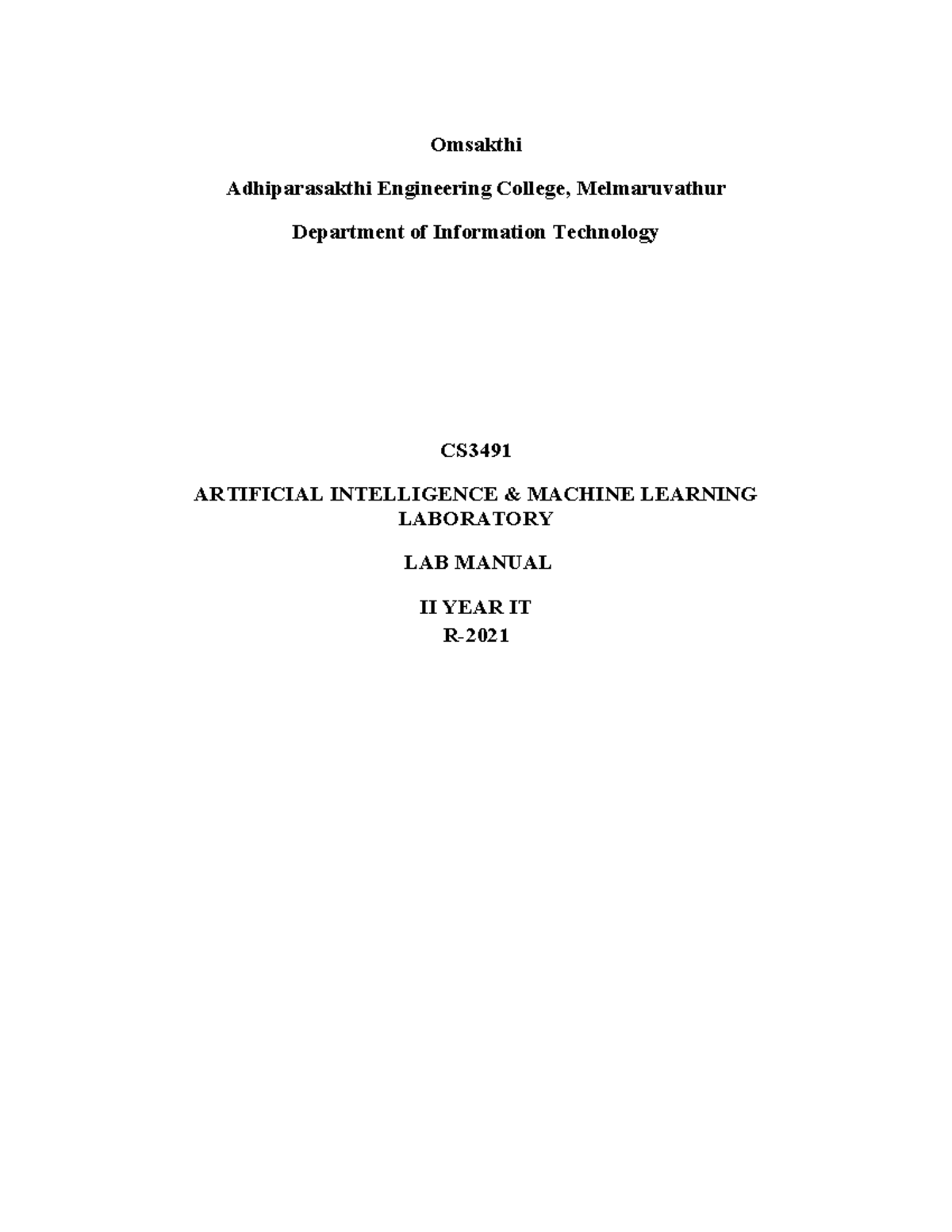 CS3491 Artificial Intelligence & Machine Learning Lab Manual - Studocu