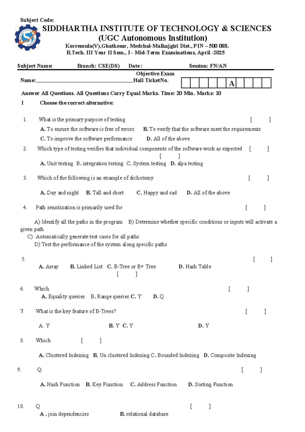 ATCD 2nd Sem. Objective Exam Paper - CSE(DS) April 2023 - Studocu