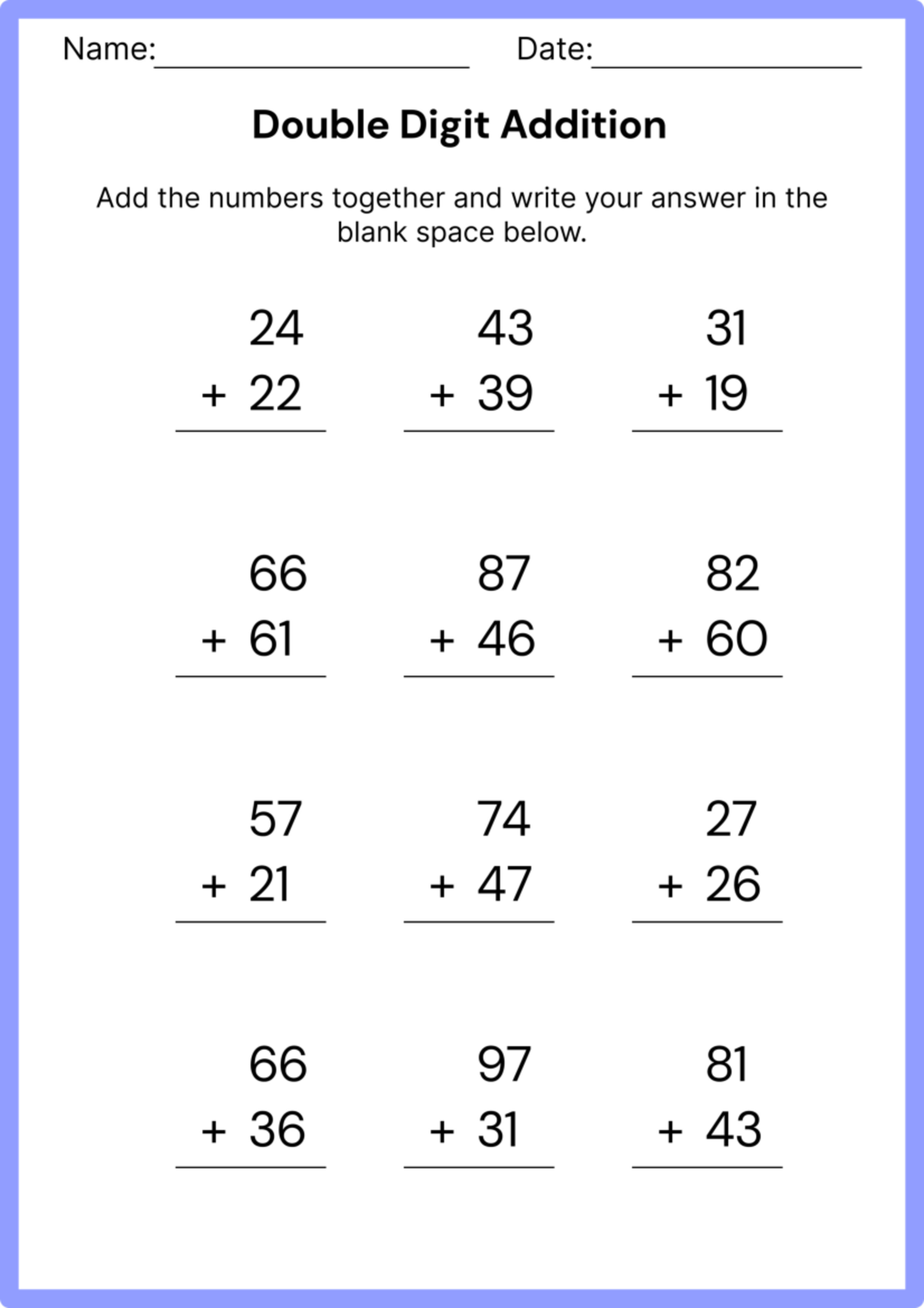 Double-Digit Addition Practice Worksheet – Version 3 - Name: Date ...