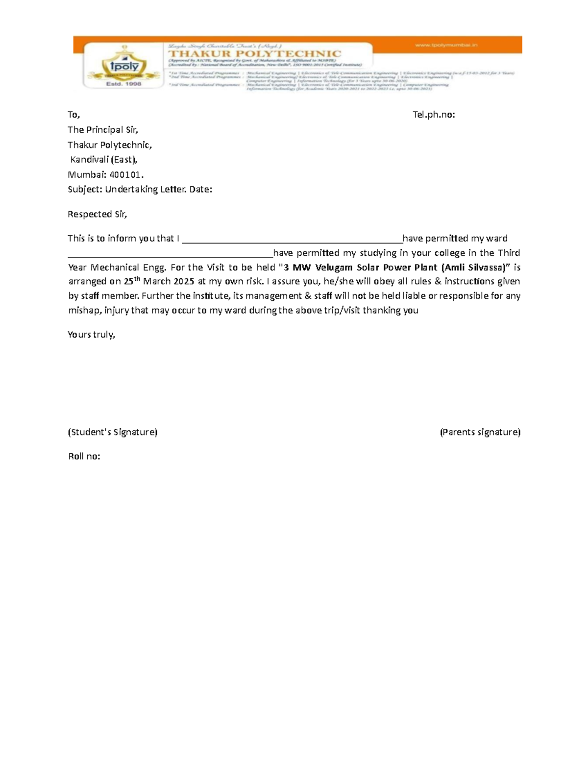 Undertaking Letter for Third Year Mechanical Engg Visit - 2025 - Studocu