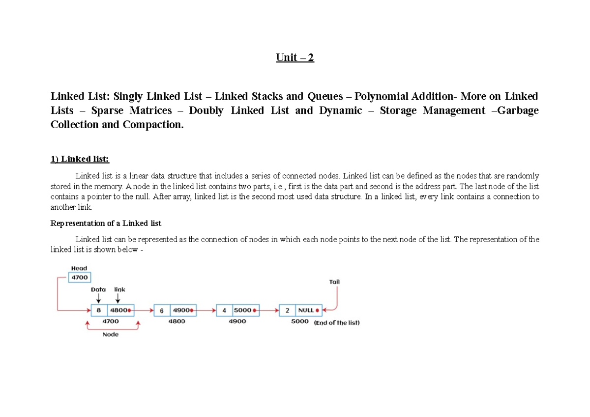 DSA (Unit - 2) - Lecture Notes - Unit – 2 Linked List: Singly Linked ...