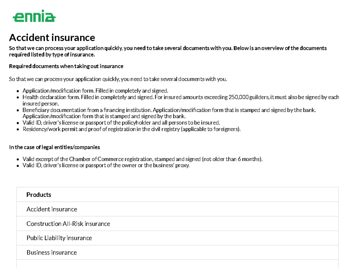 Required Documents for Insurance Applications - Ennia Guide - Studocu