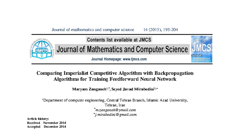Comparing ICA and BP Algorithms for Training FNNs in CS 14 - Studocu