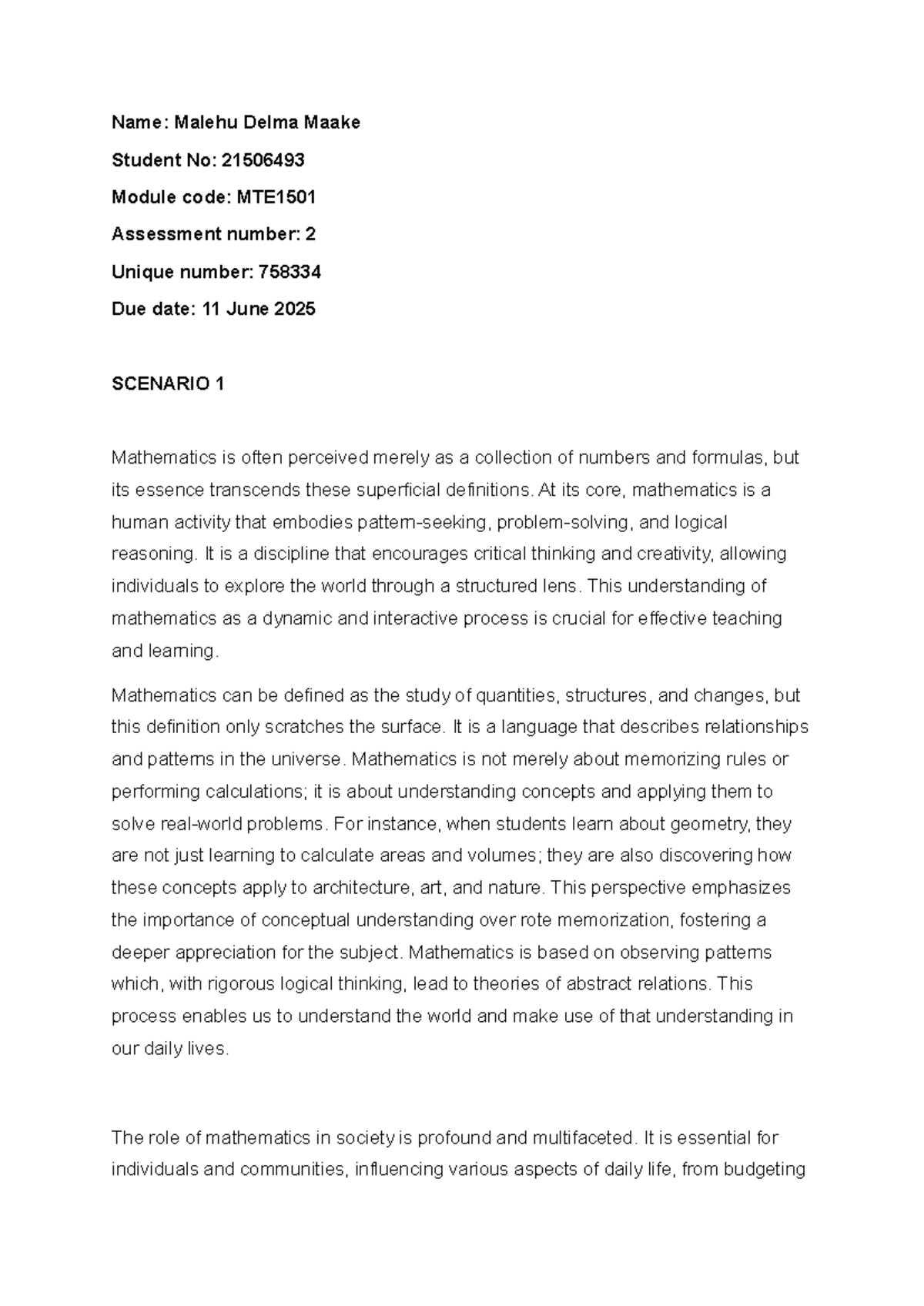 MTE1501 Assignment 2: Understanding Mathematics Beyond Rote Learning ...