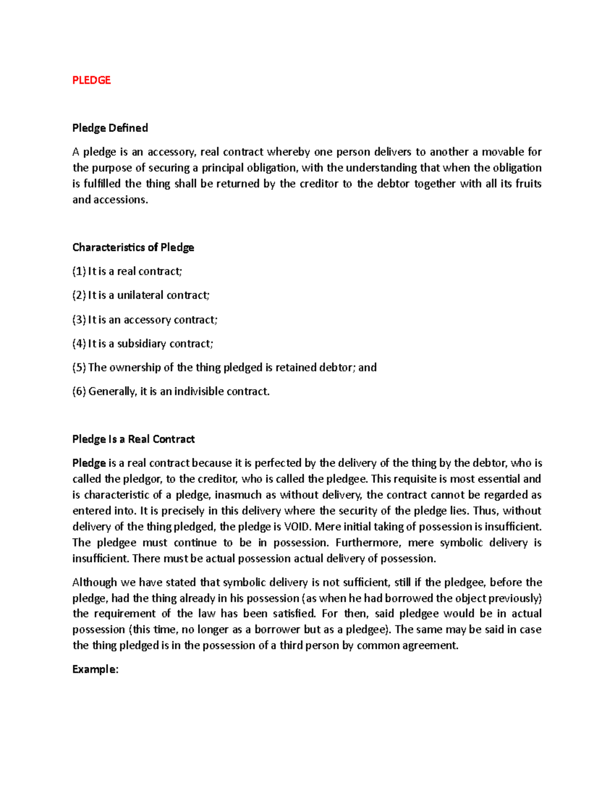 Pledge - PLEDGE Pledge Defined A pledge is an accessory, real contract ...