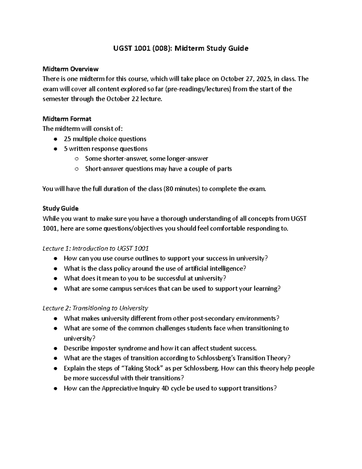 UGST 1001 (008): Comprehensive Midterm Study Guide for Success - Studocu