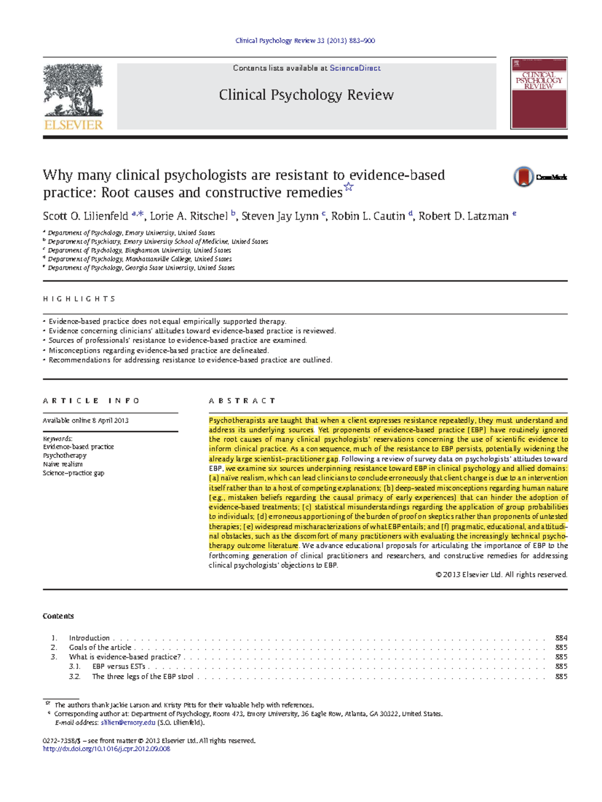 Resistance to Evidence-Based Practice in Clinical Psychology (PSY 101) - Studeersnel
