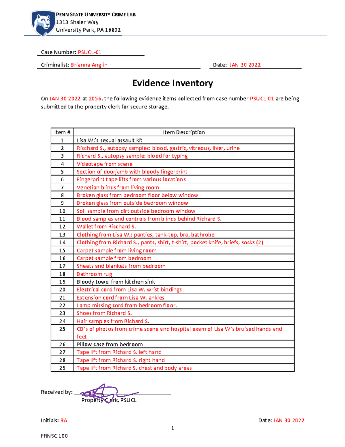 Case Notes - Evidence Inventory - PENN STATE UNIVERSITY CRIME LAB 1313 ...