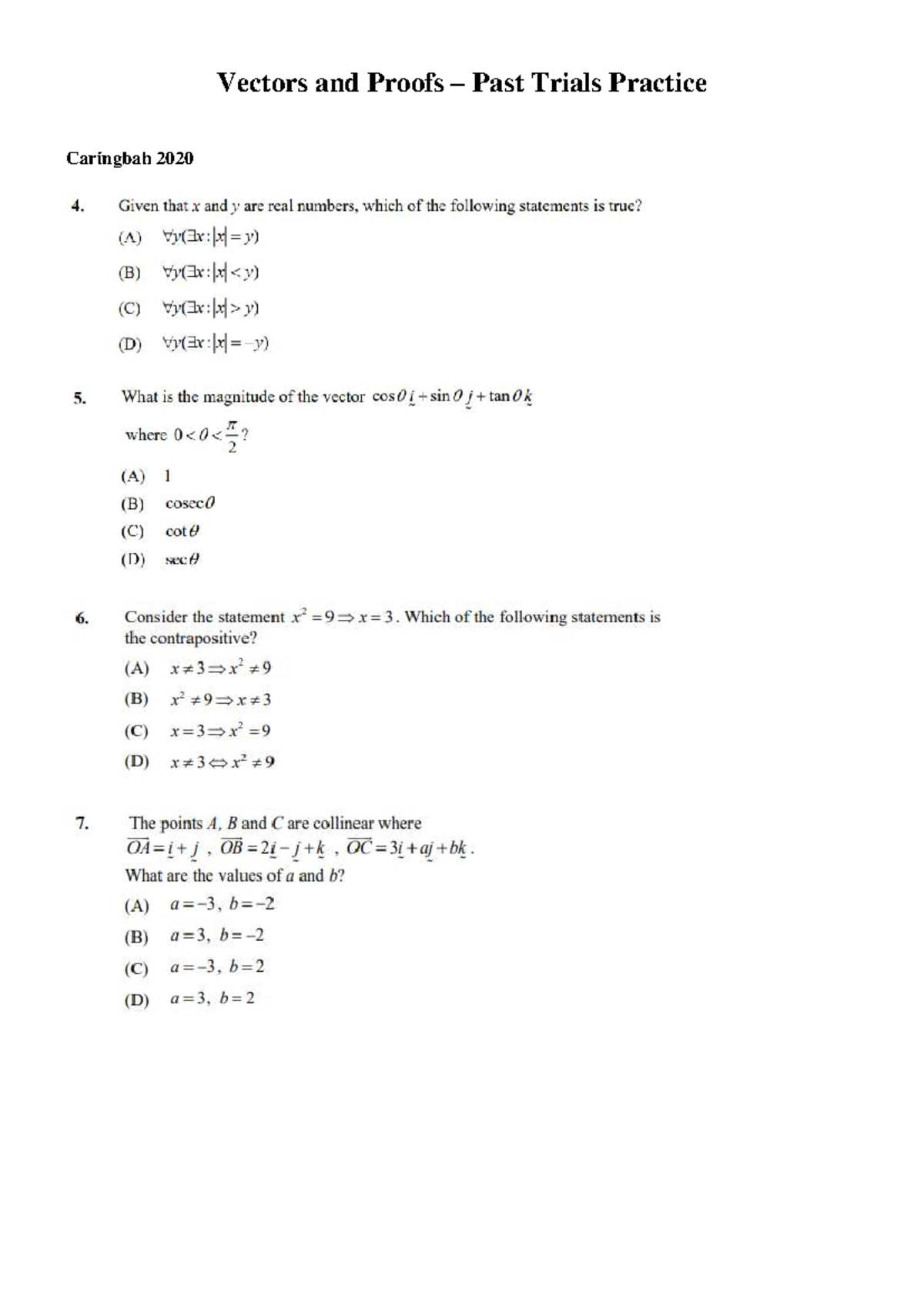 Vectors and Proofs - Past Trials Practice 2020: Answers & Solutions ...