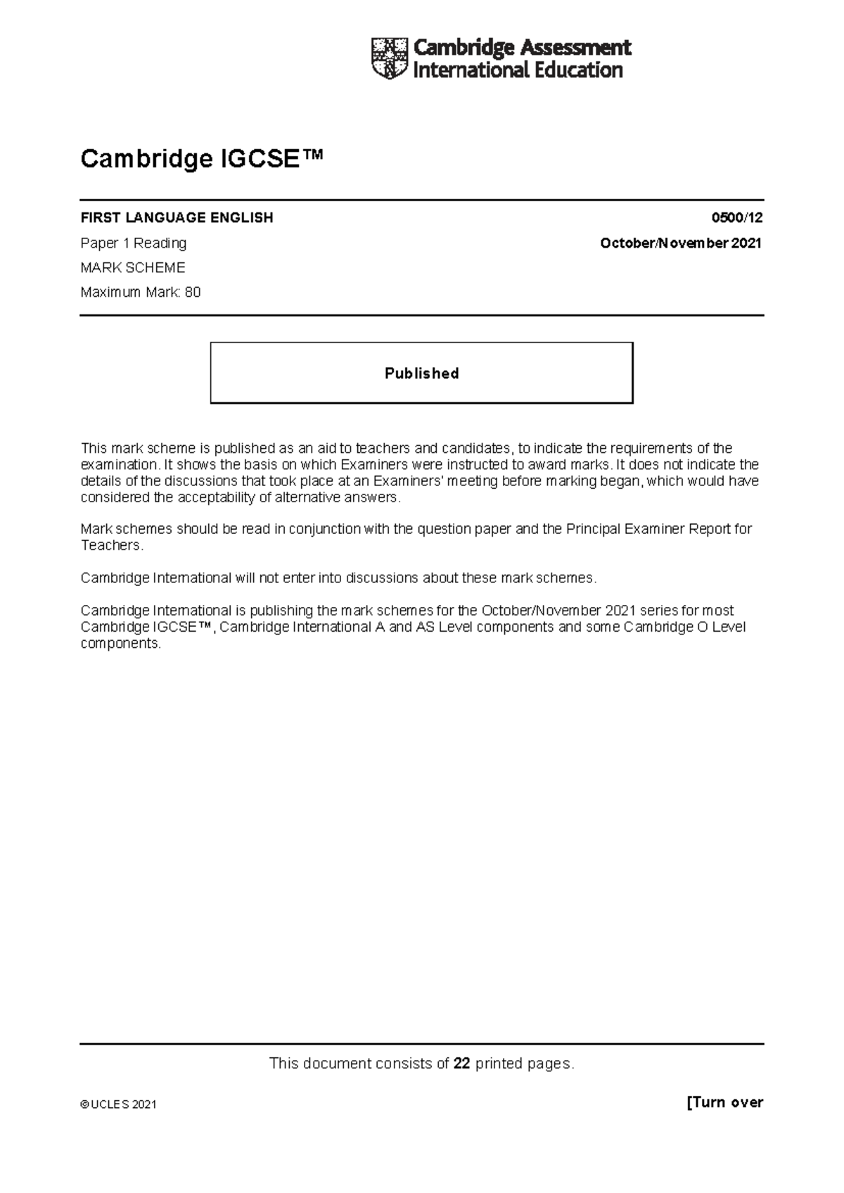 Cambridge IGCSE 0500 Paper 1 Reading 2021 Mark Scheme Analysis - Studocu